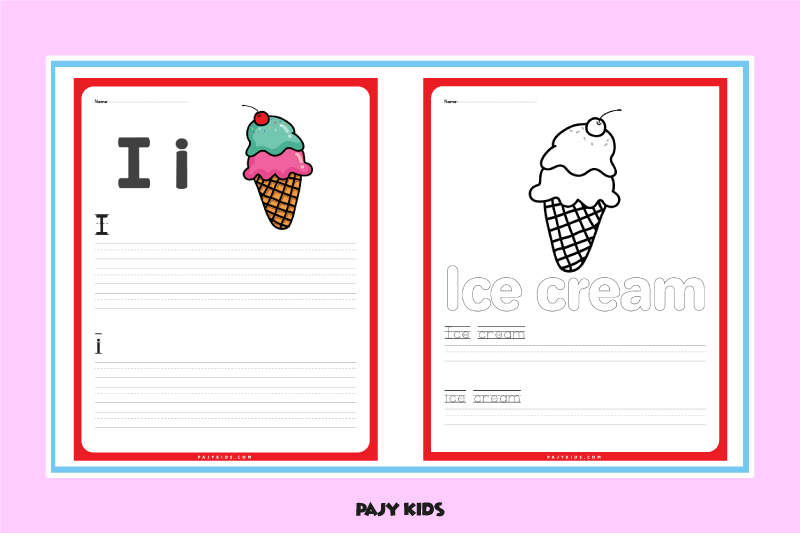 Letter i worksheet for flashcard tracing and coloring activities