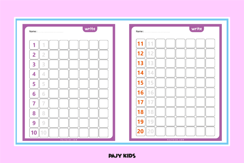 Numbers for kindergarten Tracing Exercises from 1 to 20