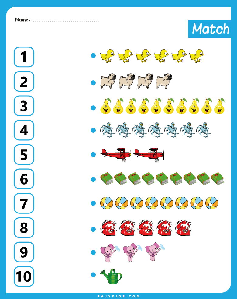 Pre k math sheet English Number Matching Activities
