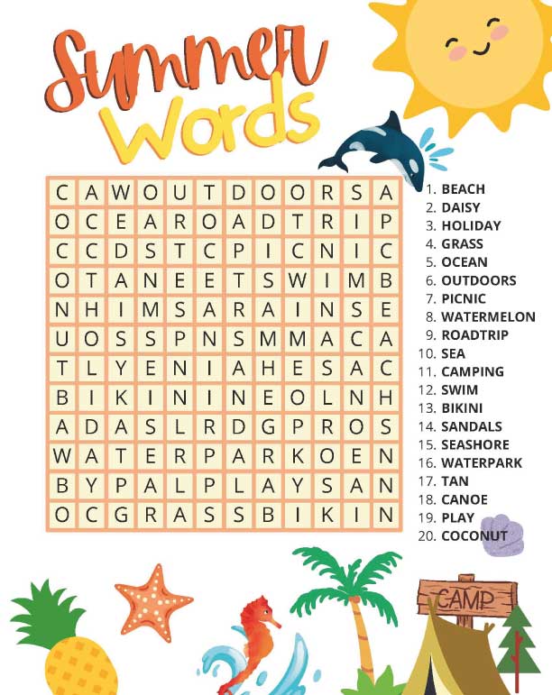 Summer Holiday Word Search Printable for Vocabulary Practice
