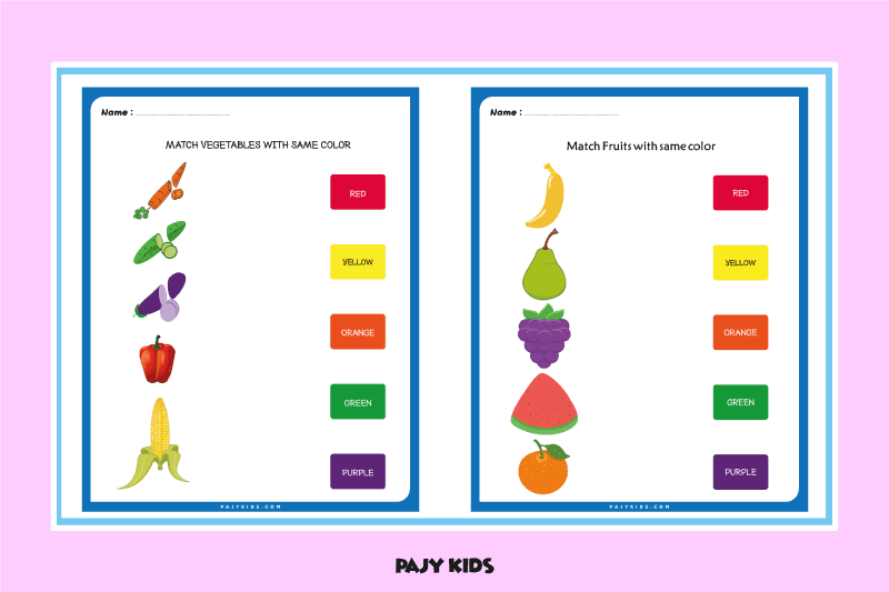 Learn Colors Worksheets for Kindergarten with Fruits and Vegetables